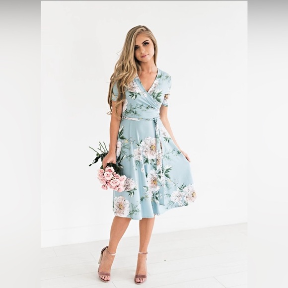 JessaKae | Dresses | Jessakae Blue Floral Wrap Midi Dress With Puff ...